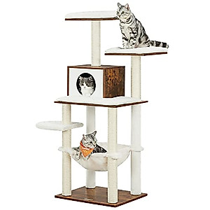Feandrea WoodyWonders Cat Tree, Modern Cat Tower for Indoor Cats, 54.3-Inch Multi-Level Cat Condo, Ultra-Soft Plush, Scratching Posts, Hammock, Removable, Washable Cushions, Rustic Brown UPCT164X01