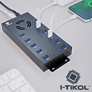 USB 3 0 Hub - 10 Ports Powered USB Hub - Charging & High-Speed Data Transfer USB Expander Hub - up to 5Gbps High-Speed USB Splitter - Aluminum Alloy Multiple USB Port Hub for Laptop Phone Tablet PC