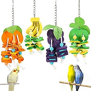 JSLZF Bird Chewing Toy for Cockatiel Conure Wood Block Toy Parrot Cage Toys Hanging Foraging Budgie Bite Toy for Parakeet Small (4PCS Fruit Shape)