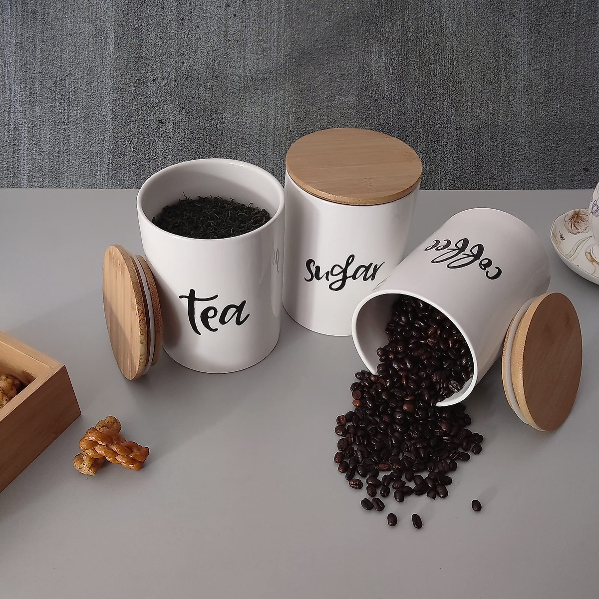 Kitchen Food Storage Ceramic Canister,Airtight Ceramic Canisters with Bamboo Lid,For Coffee, Sugar,Tea Storage Containers 24.68 FL OZ (730 ML),Set of 3