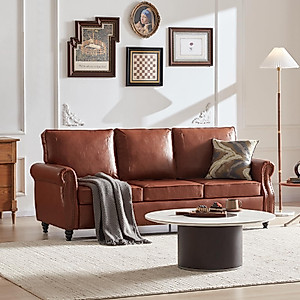 WILLOVE 79'' Faux Leather Sofa, Classic 3 Seater Leather Couch with Rolled Arm and Nailhead Trim, Mid-Century Modern Couch for Living Room, Apartment, Easy to Install, Tan Brown