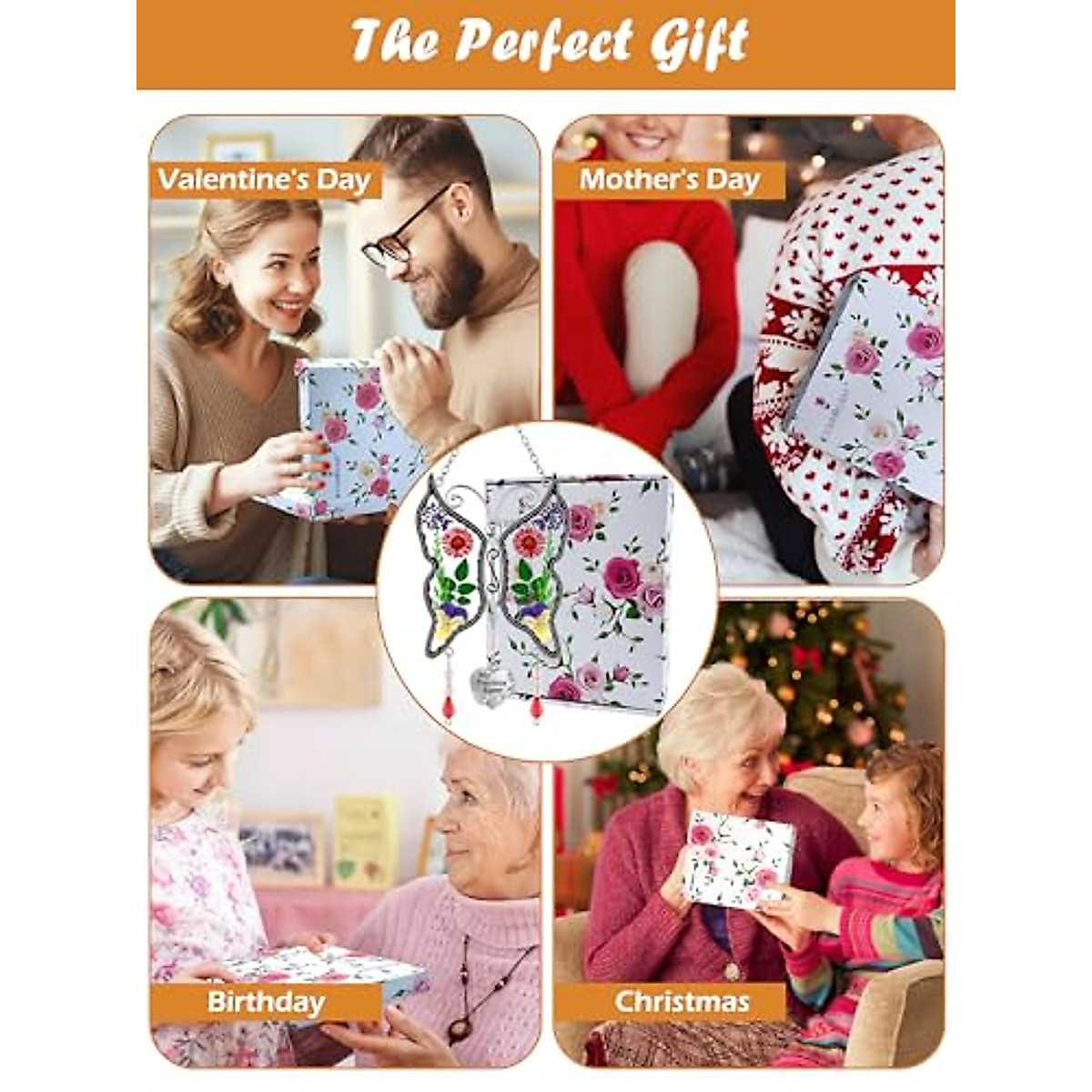 KY&BOSAM Butterfly Suncatcher Stained Glass Hangings for Windows My Precious Sister Sun Catcher Pressed Real Flower Wing in Glass Dream Catchers Birthday Mother`s Day Wind Chimes Charm