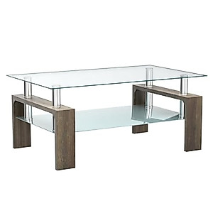 CLIPOP Rectangle Glass Coffee Table w/Tempered Glass Tabletop Stainless Steel Tube, 2-Tier Tea Table, Modern Center Side Table w/Lower Shelf & Wooden Legs for Living Room Guest Reception Room, Oak