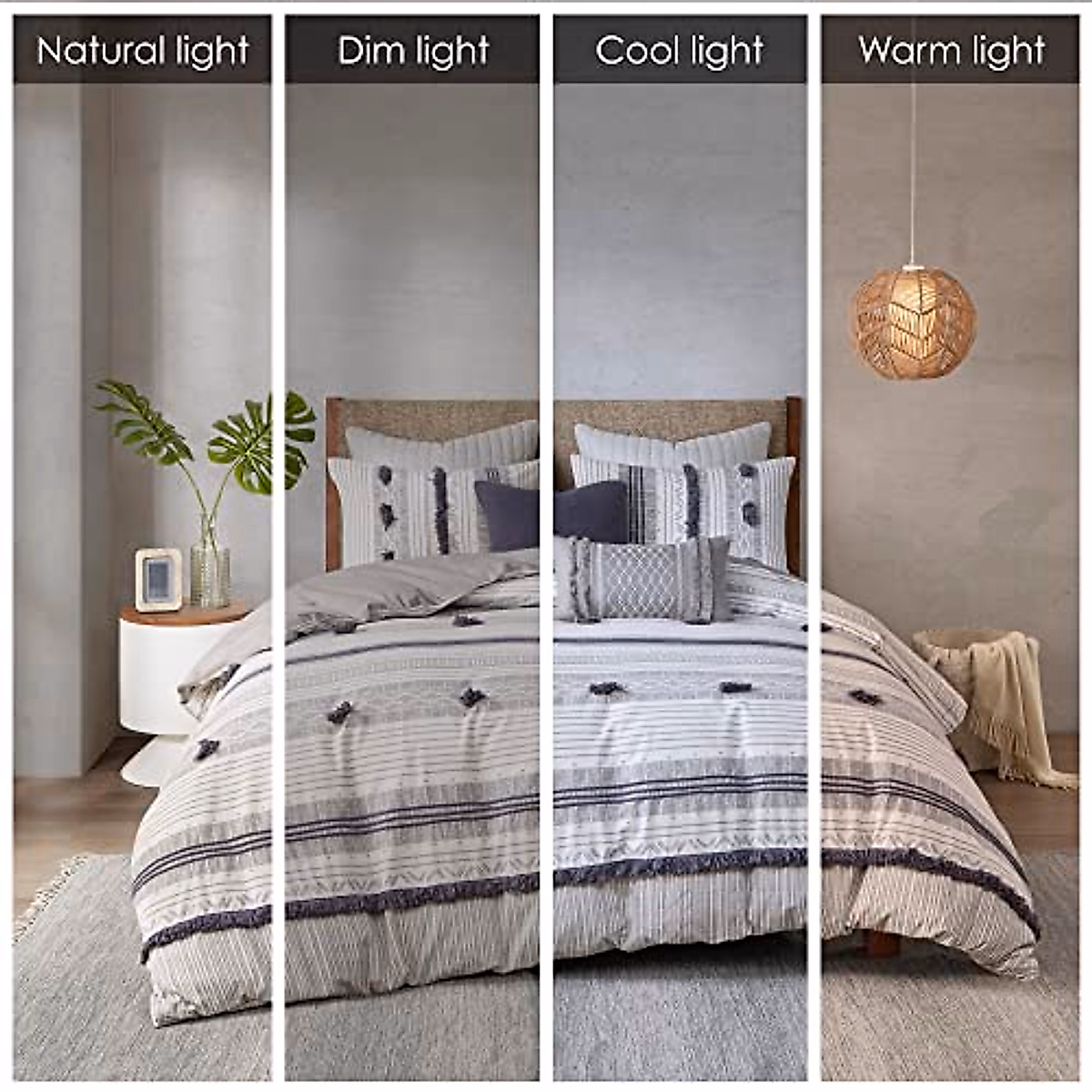 INK+IVY Cody Cotton Duvet Set - Geometric Modern Design with Fringe Tassel Trim and Pom Accent, All Season, Breathable Cover for Comforter Bedding, Shams, King/Cal King(104"x92") Gray/Navy 3 Piece