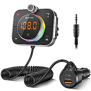 Bluetooth Car Adapter, SONRU QC3.0+PD Bluetooth FM Transmitter for Car Radio [Adjustable Microphone & Bass] [Air Vent Install] Hands-Free Call AUX Bluetooth Receiver for Car, SD Card Slot/Siri