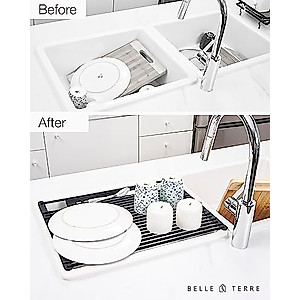 Large Dish Drying Rack for Kitchen Sink - Over Sink Dish Drying Rack to Dry Dishes & Drain Items - Modern & Stylish Dish Rack Set with Extra Side Tray - Space-Saving Roll-Up Counter Drainboard - Black