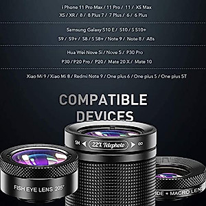 APEXEL 6 in 1 Phone Lens Kit - 22X Telephoto Lens, 205° Fisheye Lens, 120° Wide Angle Lens & 25X Macro Lens(Screwed Together), Compatible with iPhone 11 8 7 6 6s Plus X Xs/Max XR Samsung