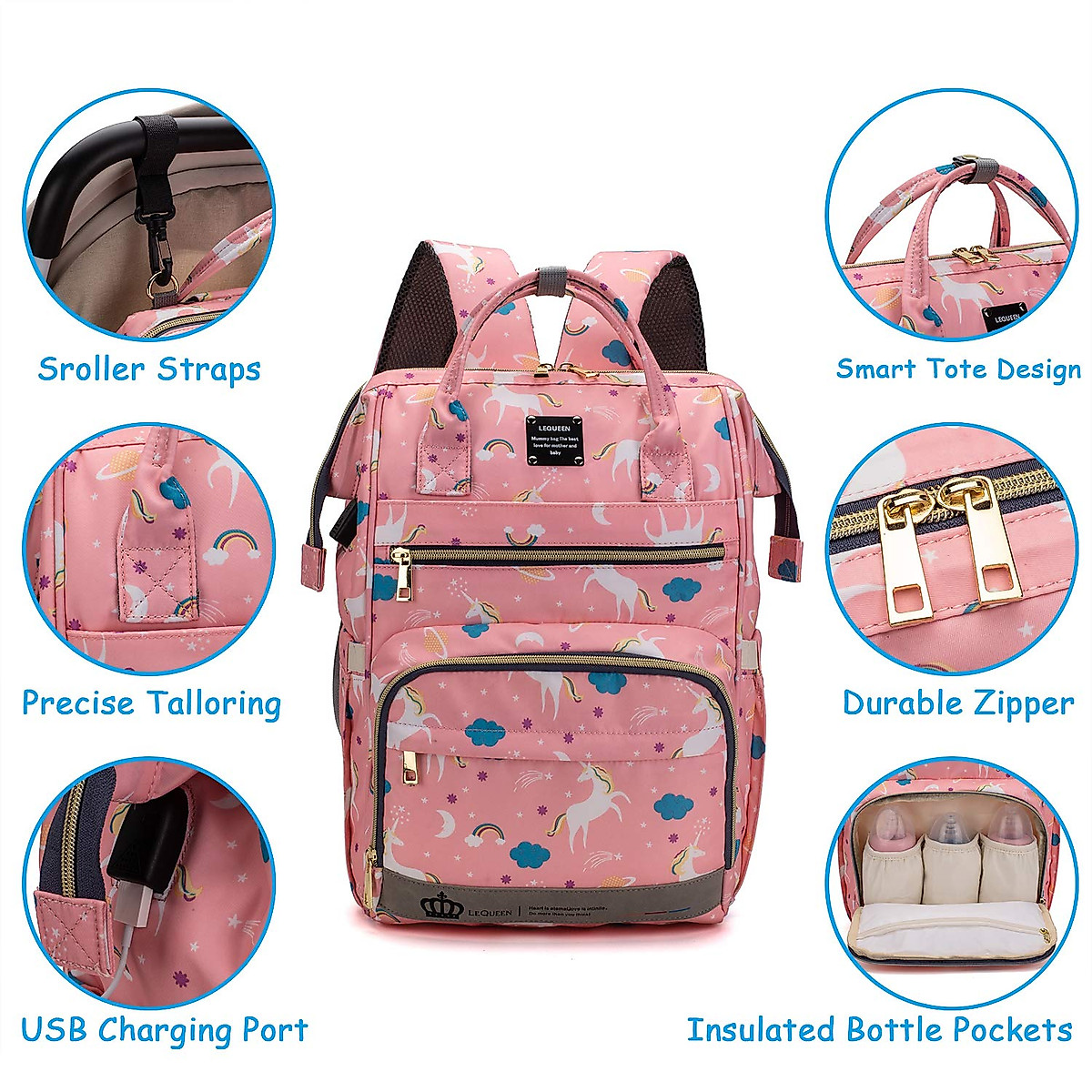 LEQUEEN Diaper Bag Backpack, Unicorn Multifunction Travel Back Pack Maternity Baby Changing Bags (Pink)