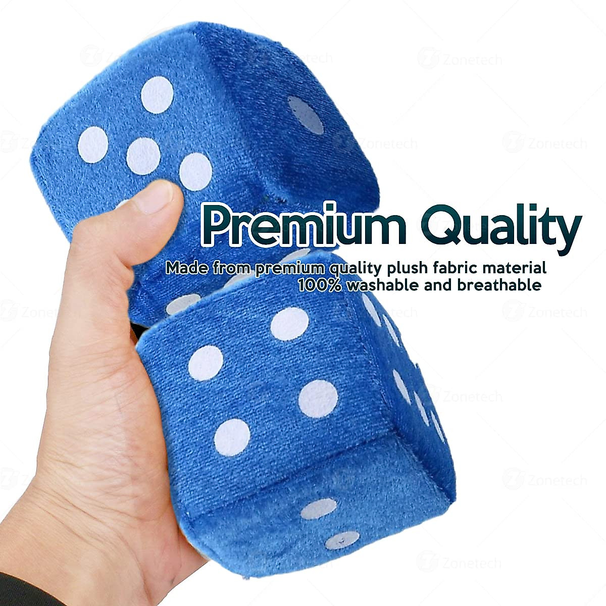 ZONETECH Blue Teal 3" Square Hanging Dice-Soft Fuzzy Decorative Vehicle Hanging Mirror Dice with White Dots