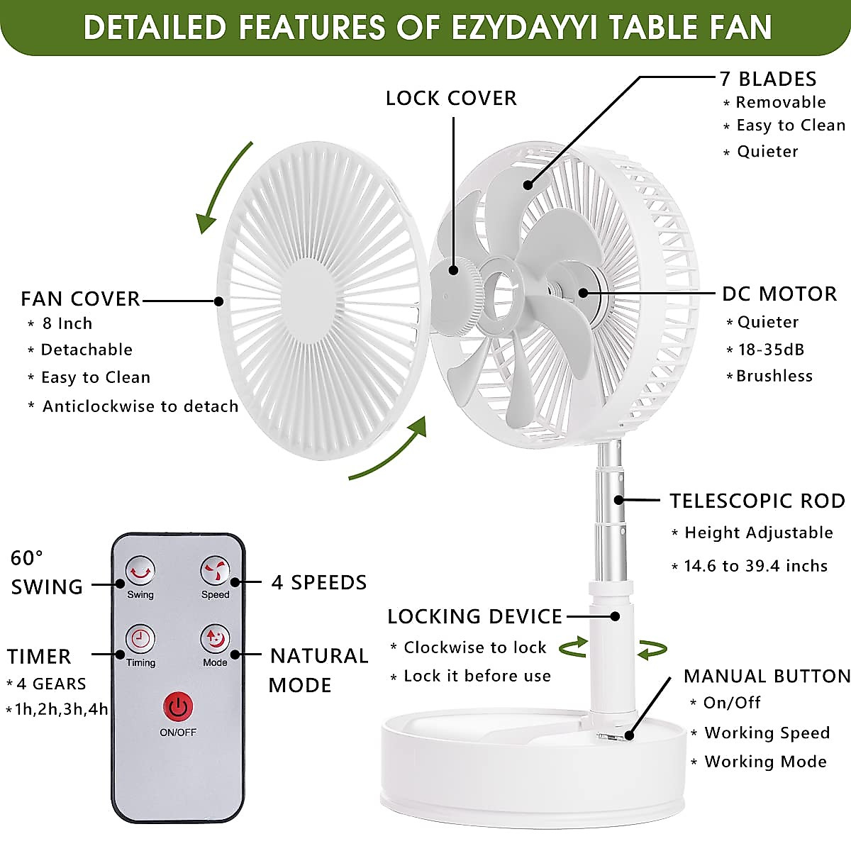 EZYDAYYI Rechargeable Battery Operated Fan for Bedroom, 7200 mAh 8 inch Foldable Oscillating Fan with Remote and Timer, 4 Speeds Portable Floor Standing Fan Small Table Desk Fan for Travel Camping