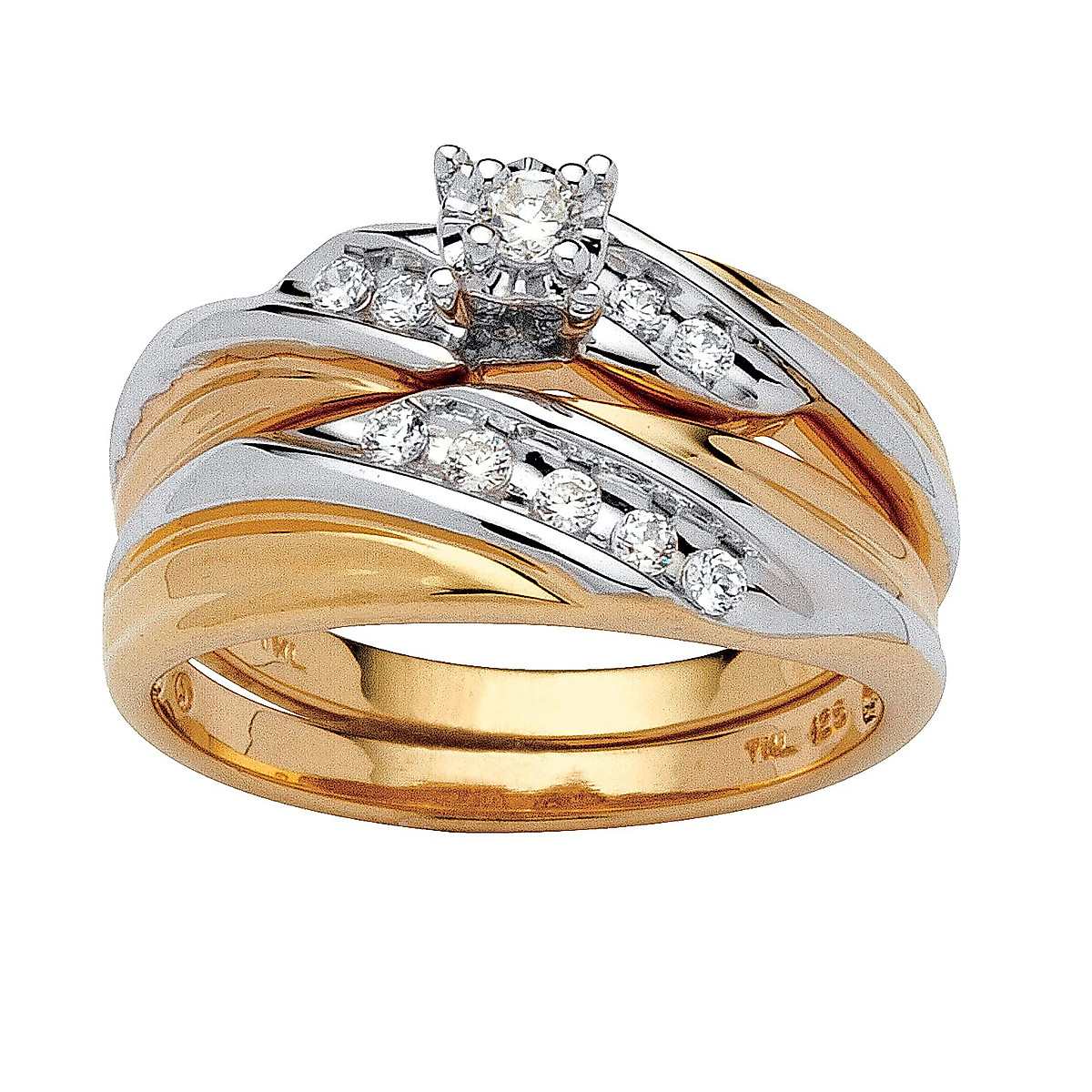 PalmBeach Yellow Gold-Plated or Platinum-Plated Sterling Silver Round Cubic Zirconia Two-Tone Diagonal Bridal Ring Set Size 7