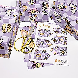 CENTRAL 23 Purple Wrapping Paper - Boho Birthday Wrapping Paper - 'Good Vibes' - 6 Sheets Gift Wrap - For Teens Gen Z Girls - Daisy Rainbow Funky - Comes With Fun Stickers