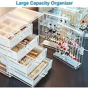 Acrylic Jewelry Organizer Box, Clear Earring Holder Jewelry Hanging Boxes with 4 Velvet Drawers for Earrings Ring Necklace Bracelet Display Case Gift for Women, Girls