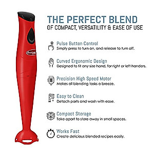 Elite Gourmet EHB-2425R Electric Immersion, Mixer, Chopper, 1-Touch Control Hand Blender, 150 Watts, Red
