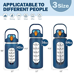 kytffu 64oz Glass Water Bottles with Straw, Half Gallon Motivational Glass Bottle with Silicone Sleeve and Time Marker, 2L Leakproof Large Glass Water Jug for Gym Home Office,Blue