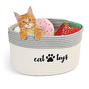 PrimePets Cat Toy Basket, Cotton Rope Storage Basket with Handles, Small Woven Pet Toy Box Bin for Blankets, Leashes, 15x10x9 inch Cat Toy Holder Container, White and Grey