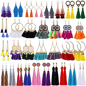 AROIC 32 Pairs Tassel Earrings with Colorful Tassel Long Layered Dangle Hoop Tiered Thread Earrings Set for Women Jewelry Fashion and Valentine Birthday Party Gift