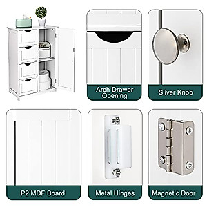 Bonnlo Small Bathroom Floor Cabinet Kitchen Storage Organizer Free Standing Bathroom Towel Cabinet Wooden Linen Entryway Storage Unit with 4 Drawers and 1 Cupboard Home Decor Furniture (White)