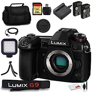 Panasonic Lumix DC-G9 Mirrorless Digital Camera (Body Only) (DC-G9KBODY) - Bundle - with 256GB Memory Card + LED Light + DMW-BLF19 Battery + Soft Bag + 12 Inch Flexible Tripod + Cleaning Set + More