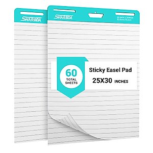 SHARBDA Lined Sticky Easel Pad, 25 in x 30 in,Flip Chart Paper,Sticky Chart Paper for Teachers, Large Self-Stick Easel Paper,Super Sticky & Bleed-Resistant,30 Sheets/Pad,2 Pads