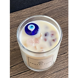 Evil Eye Protection Candle, Pink Quartz, Amethyst Infused, Lavender and Chamomile Scent, 10 oz Glass Jar with Hamsa Hand Positive Energy Beeswax and Soy Wax