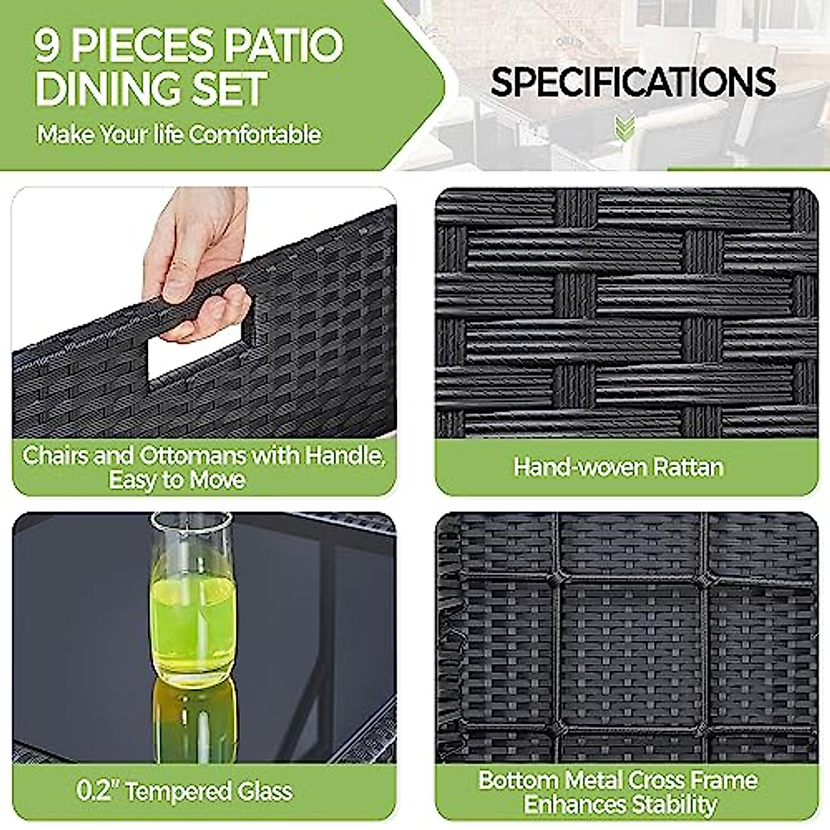 Yaheetech 9-Piece Patio Dining Sets Outdoor Space Saving Rattan Chairs with Glass Table, Wicker Patio Furniture Sets Outdoor Sectional Conversation Set with Removeable Cushions, Black