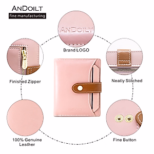 ANDOILT Wallets for Women Genuine Leather Small Bifold Wallet RFID Blocking Card Case Purse with ID Window Coin Pocket Pink