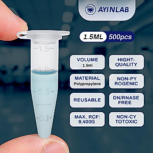 Microcentrifuge Tubes 1.5ml, AyinLab Polypropylene Plastic Tubes 500pcs, Lab Centrifuge Test Tubes with Leak-Proof Snap Caps and Clear Graduated Scale, Non-pyrogenic and DNase/RNase Free