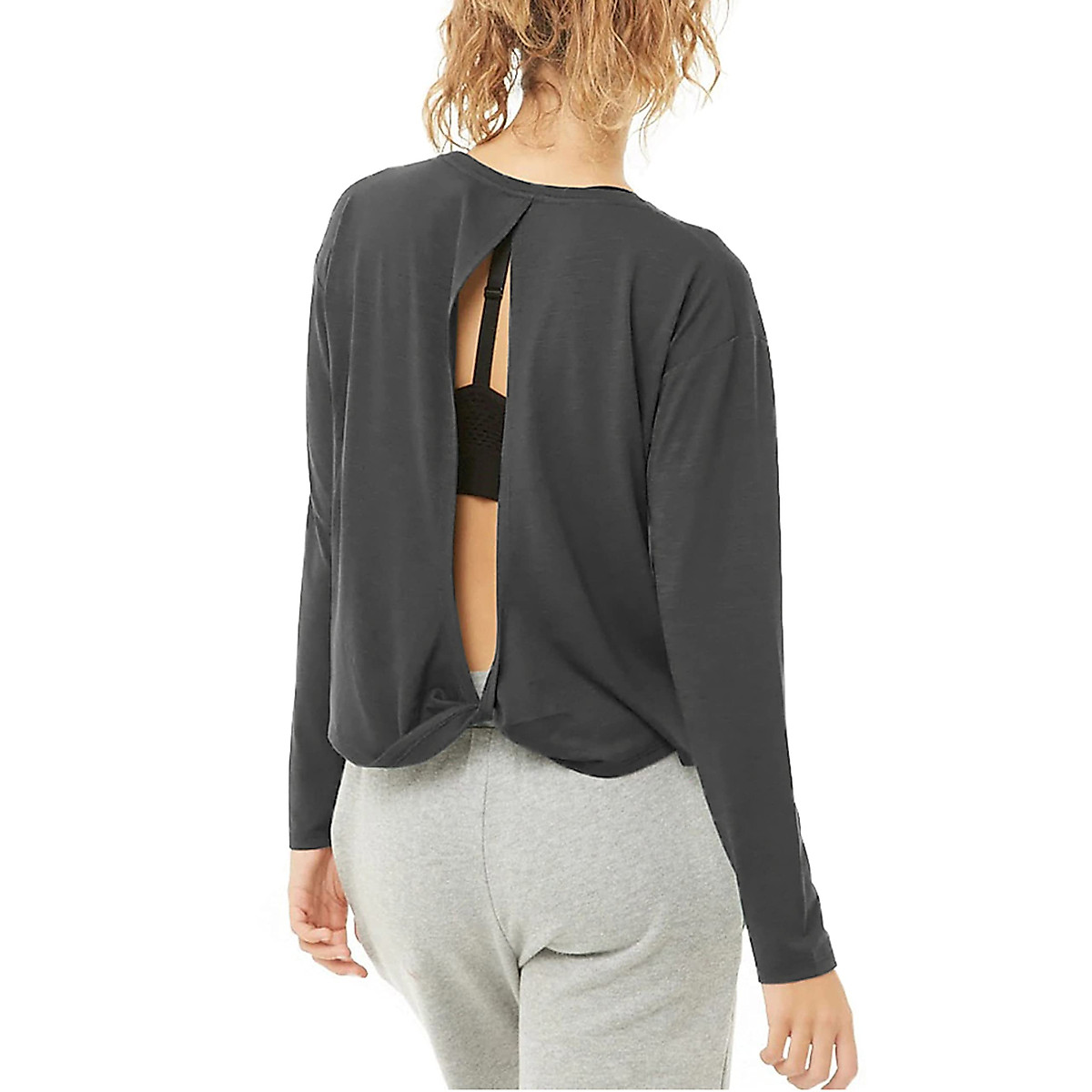 Bestisun Long Sleeve Yoga Shirts Open Back Workout Tops Women Backless Top Exercise Clothes for Women Loose Fit Deep Gray S