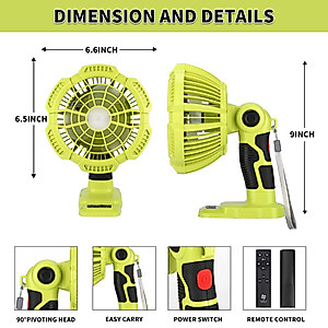 Portable Fan for Ryobi 18v Battery, Cordless Fans Portable Battery Operated Fan with Battery and Charger,with 300LM LED Light, for Hom, Outdoor,Camping, Picnic and Job Site