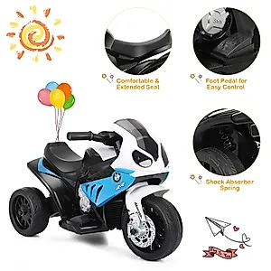 HONEY JOY Kids Motorcycle, Licensed BMW 6V Battery Powered Ride On Motorcycle w/LED Headlights, Music, Pedal, Spring Suspension, 3 Wheels Electric Motorcycle for Kids, Gift for Boys Girls(Blue)