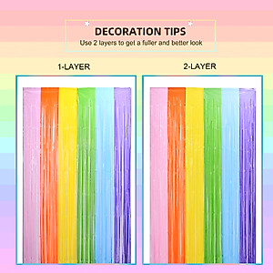 LOLStar Candyland Party Decorations, 2 Pack 3.3x6.6ft Pastel Rainbow Foil Fringe Curtains, Tinsel Curtains Photo Booth Prop Streamer Pastel Backdrop for Cocomelon Home Decor Easter Bunny Decorations