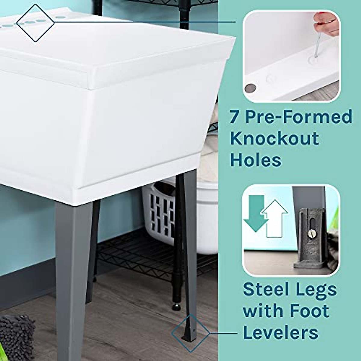 White Utility Sink Laundry Tub With Pull Out Chrome Faucet, Sprayer Spout, Heavy Duty Slop Sinks For Washing Room, Basement, Garage or Shop, Large Free Standing Wash Station Tubs and Drainage (White)