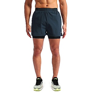 Pudolla Men’s 2 in 1 Running Shorts 5" Quick Dry Gym Athletic Workout Shorts for Men with Phone Pockets(Navy Blue Small)