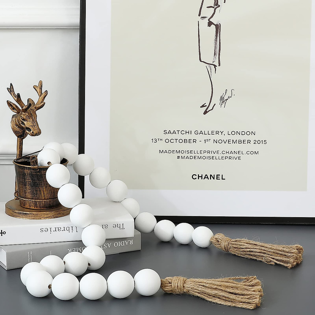 Large White Wooden Beads Garland Farmhouse Decor 50inch long with 1.6" Diameter beads, Wood Beads Decor Tassel Garland Decorative Boho Country Decoration for Coffee Table Home Tiered Tray Wall Hanging