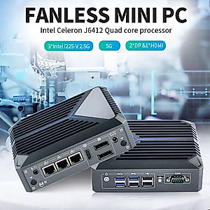 Micro Firewall Appliance 3 Intel I225-V 2.5GbE NIC Ports Fanless Mini PC, Intel Celeron J6412 Quad Core, Support AES-NI,TPM2.0 2xDP 1xHDMI 1xCOM 6xUSB, 16GB DDR4,256GB M.2 SSD