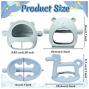 4 Pieces Silicone Teething Toys Bear Baby Teether Toy Anti Dropping Horse Teething Pacifier Baby Chew Toys Chewable Hand Teethers for Sucking Chewing Needs Pain Relief Gifts (Blue, Caramel, Pink)