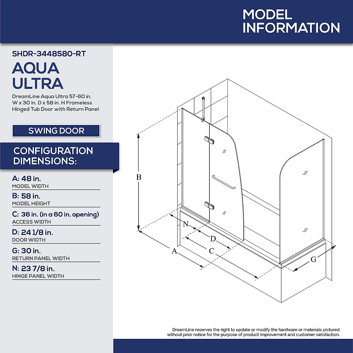 DreamLine Aqua Ultra 48 in. W x 30 in. D x 58 in. H Frameless Hinged Tub Door with Return Panel in Matte Black