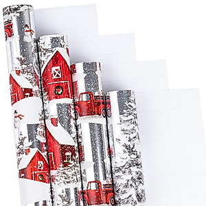 LeZakaa Christmas Wrapping Paper - Silver Metallic Foil with Snowman/Red Truck with Tree/Red House/Tree with Snow Design for Gift Wrap, Craft - 30 x 120 inches - 4 Rolls