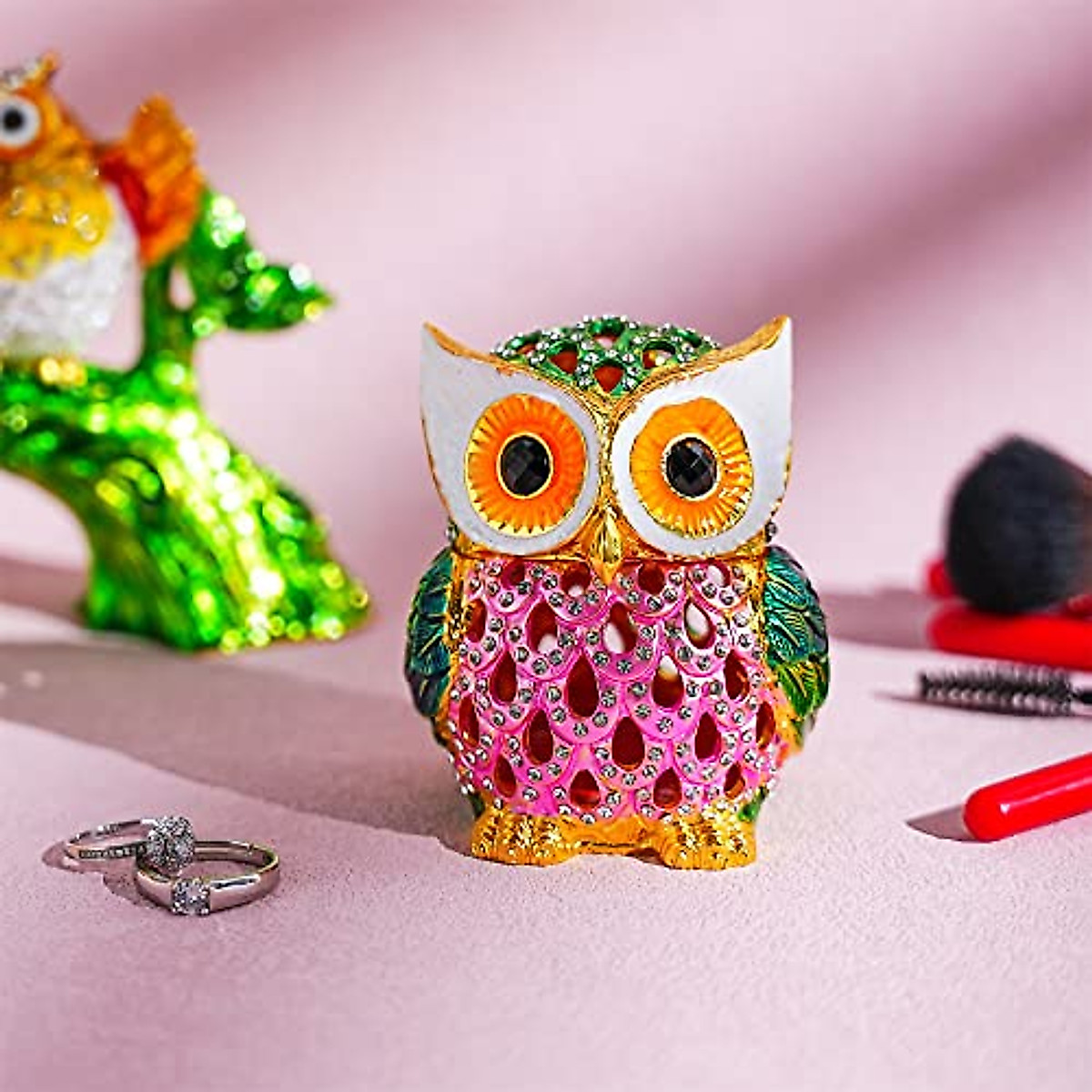 YU FENG 2.9inch Hollow Owl Trinket Box Hinged Hand-painted Enamel Jewelry Organizer with Crystals Ring Earrings Storage Novelty Animal Figurine Collectible
