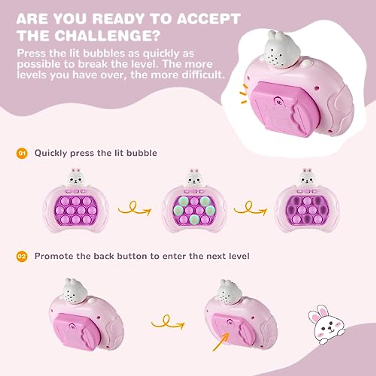 Ideashop Pop Fidget Game for Kids Adult, Handheld Quick Push Bubble Toy Light Up Game, 4 Modes, More Challenging Travel Portable Puzzle Game Machine, for Kids Birthday Gift (Rabbit)