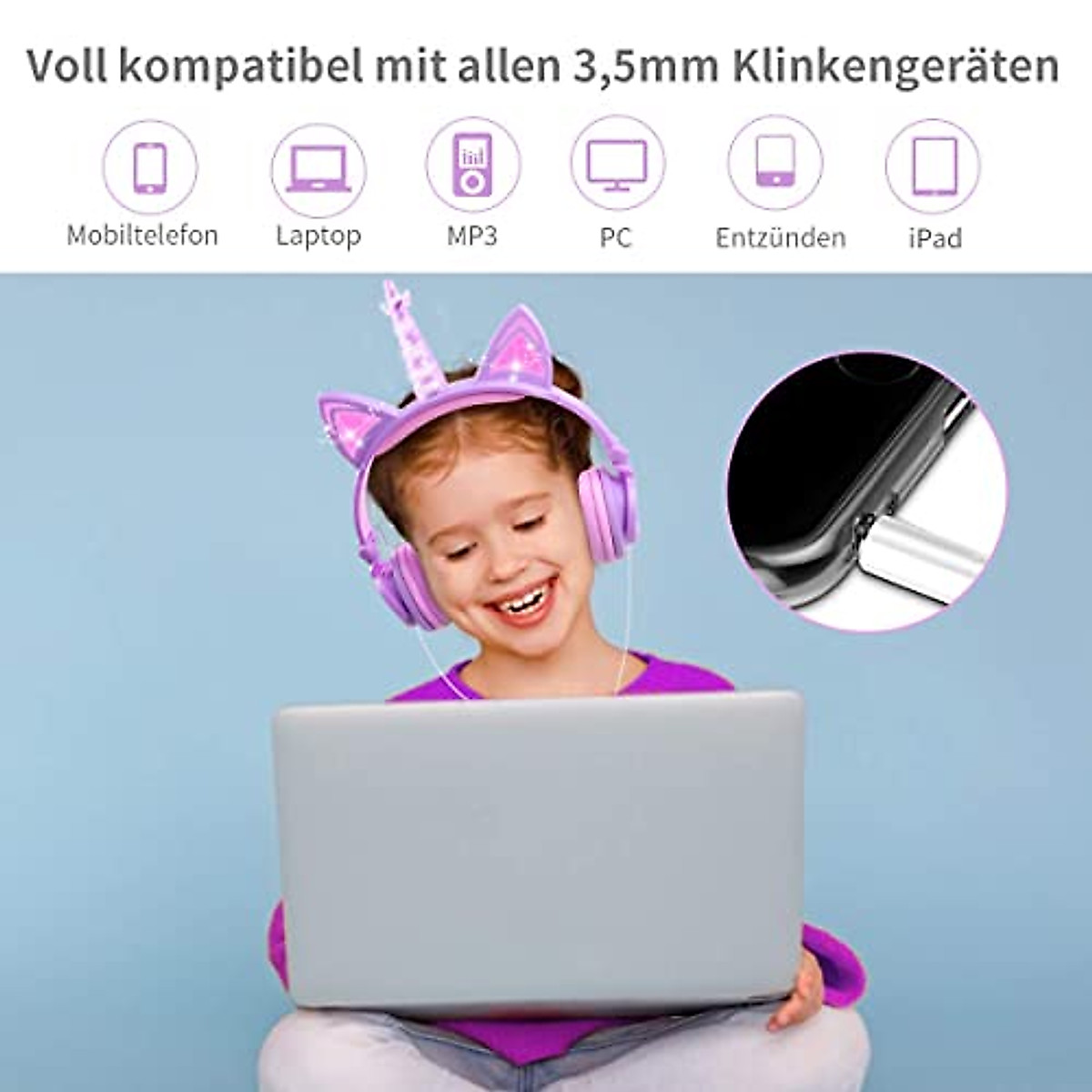 LOBKIN Unicorn Kids Headphones Cat Ear, Wired Toddler Headphones with LED Light Up, 85dB Volume Limited, Foldable 3.5mm Jack Girls Headphones for School/Travel/iPad/Tablet - Purple