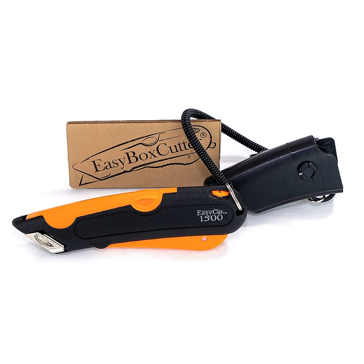 Modern Box Cutter, Squeeze Trigger and Edge Guides, Holster, Lanyard, Extra Blade - 1500 Orange