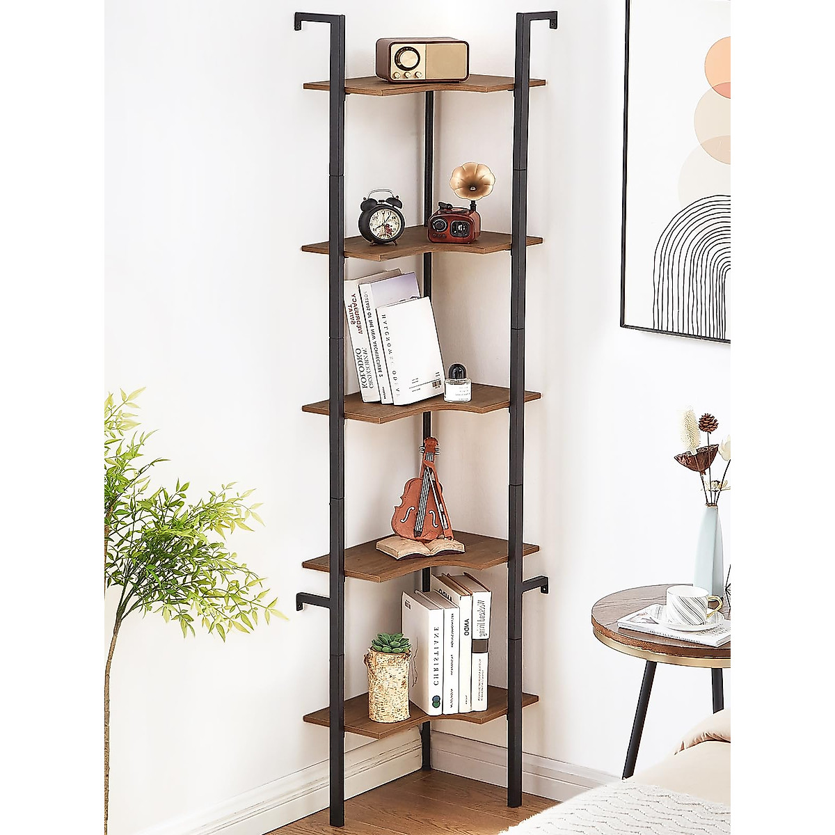 Freexployer Corner Shelf Stand, 5 Tier Industrial Corner Bookshelf, Tall Corner Plant Shelf with Metal Frame, Multipurpose Display Corner Shelves for Small Space, Office, Bedroom, Brown