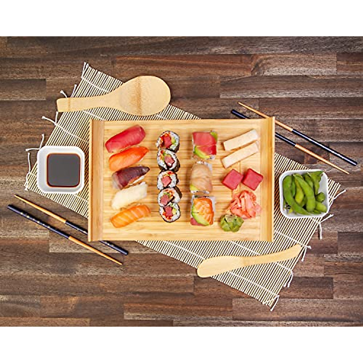 Noble Nest Sushi Making Kit for Beginners | Sushi Maker Kitchen Accessories Set Included Bamboo Sushi Rolling Mat, Chopsticks, Dipping Plates, Ladle, Serving Tray, Sushi Knife & Roller