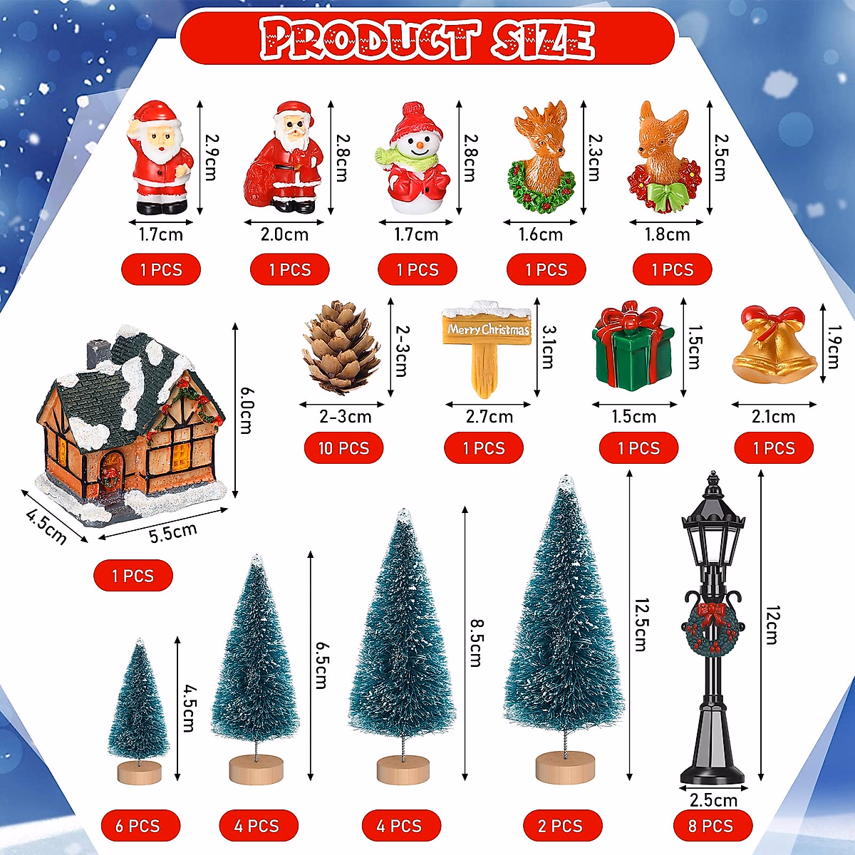 43 Pieces Christmas Village Sets Miniature Ornaments Resin Miniature Garden Dollhouse Mini Street Light Models Small Pine Tree with Wooden Bases Tabletop Xmas Ornaments Resin Snowman Santa Figurines