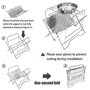 PSKOOK Camping Grills, Stainless Steel Portable Foldable Campfire Charcoal BBQ Grill, Lightweight Fire Pit for Travel, Outdoor Cooking, Bushcraft, Picnics, Garden, Balcony and Beach,Easy to Assemble