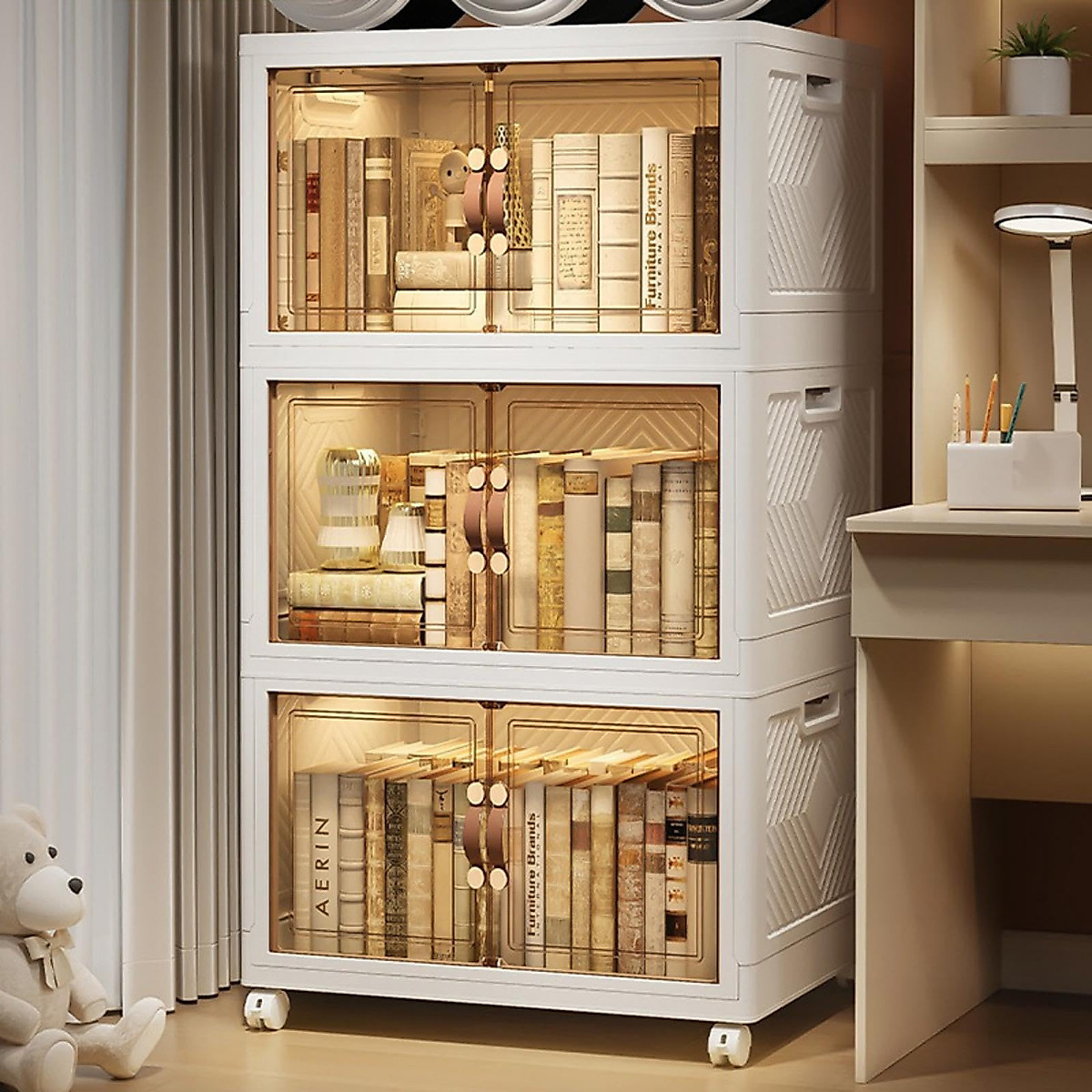 HPONQIONE Foldable Plastic Storage Box With Wheels and Doors XLLarge Storage Bin with Lid Organizers Stackable Storage Bins, Closet Organizers Double Door Magnetic with Universal Pulley(8.4Gal-3Pack)