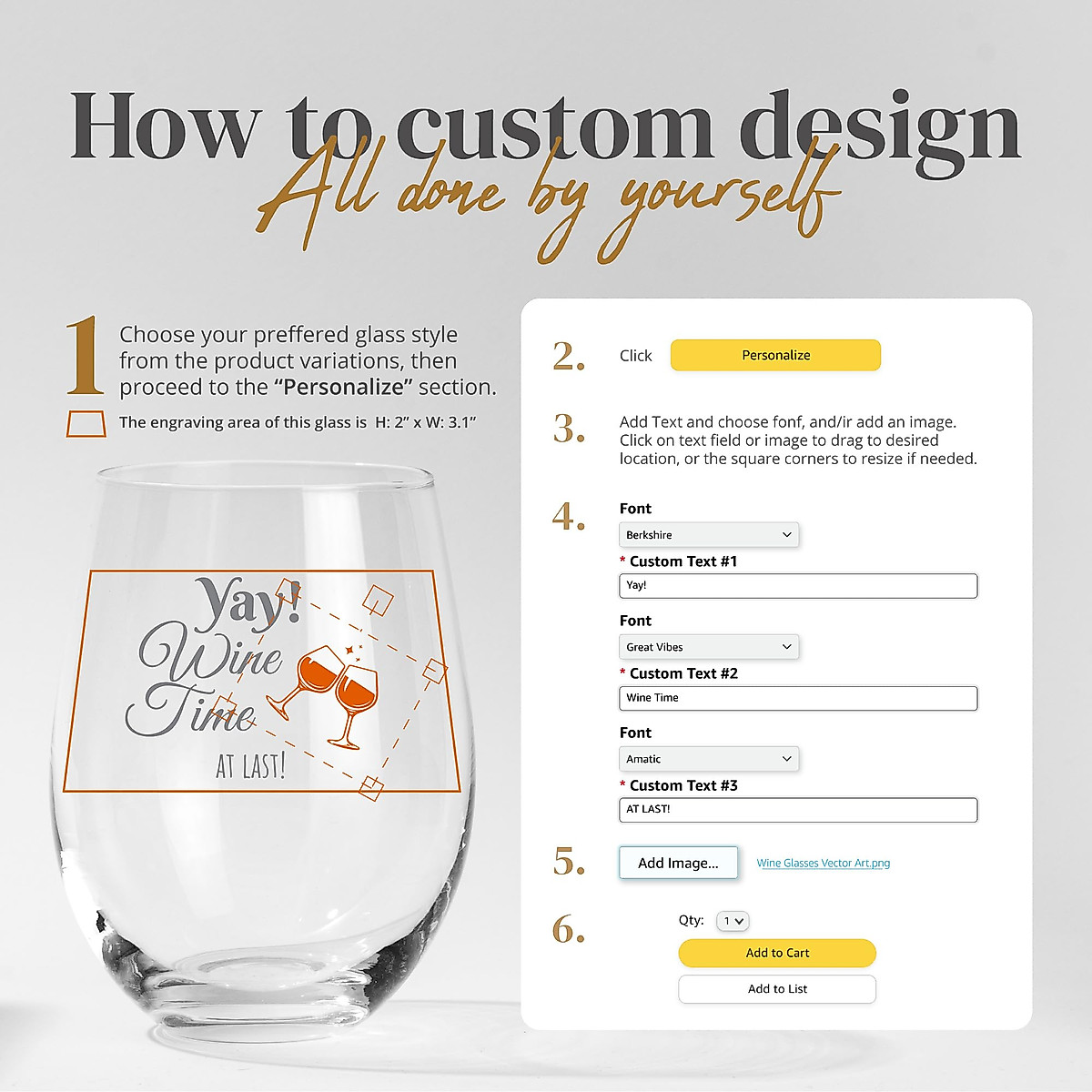 Custom 15oz Stemless Wine Glass with Your Custom Logo Design or Personalized Text - Permanent Laser Engraving - Wedding Favors, Corporate Gifts, Birthdays, Parties or Events