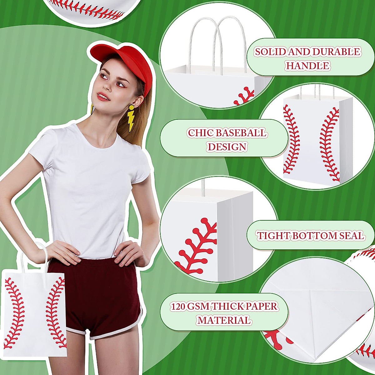 100 Pieces Baseball Paper Gift Bags with Handle Baseball Goody Candy Bags Treat Bags for Baseball Party Favors Birthday Party Gift Wrapping Supplies